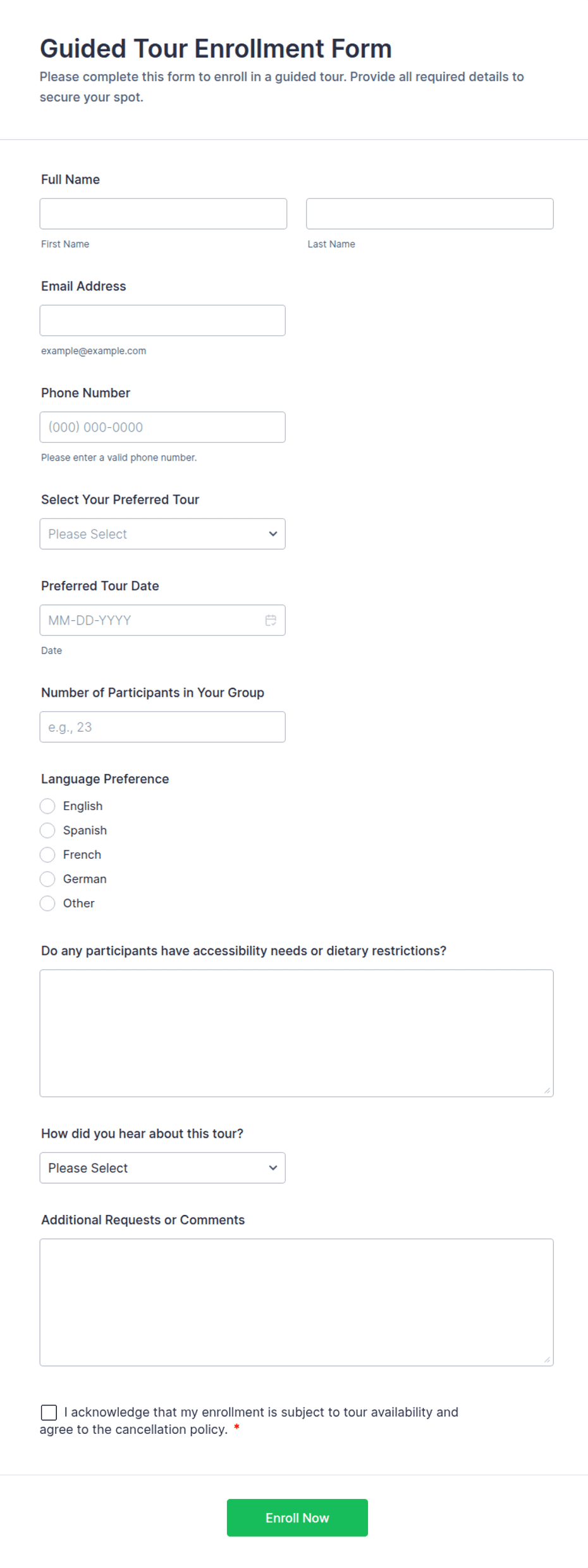 Guided Tour Enrollment Form Template | Jotform
