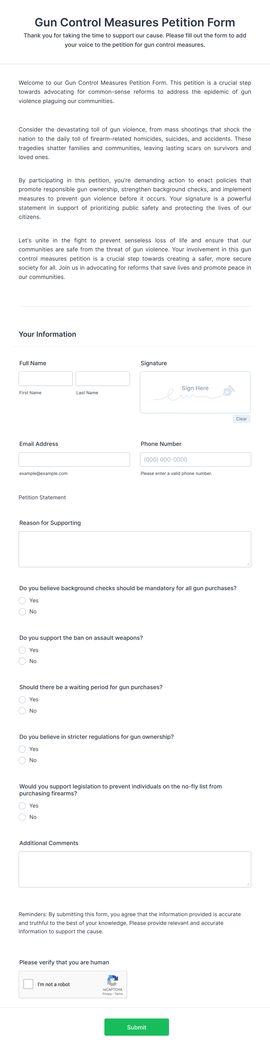 Gun Control Measures Petition Form Template | Jotform