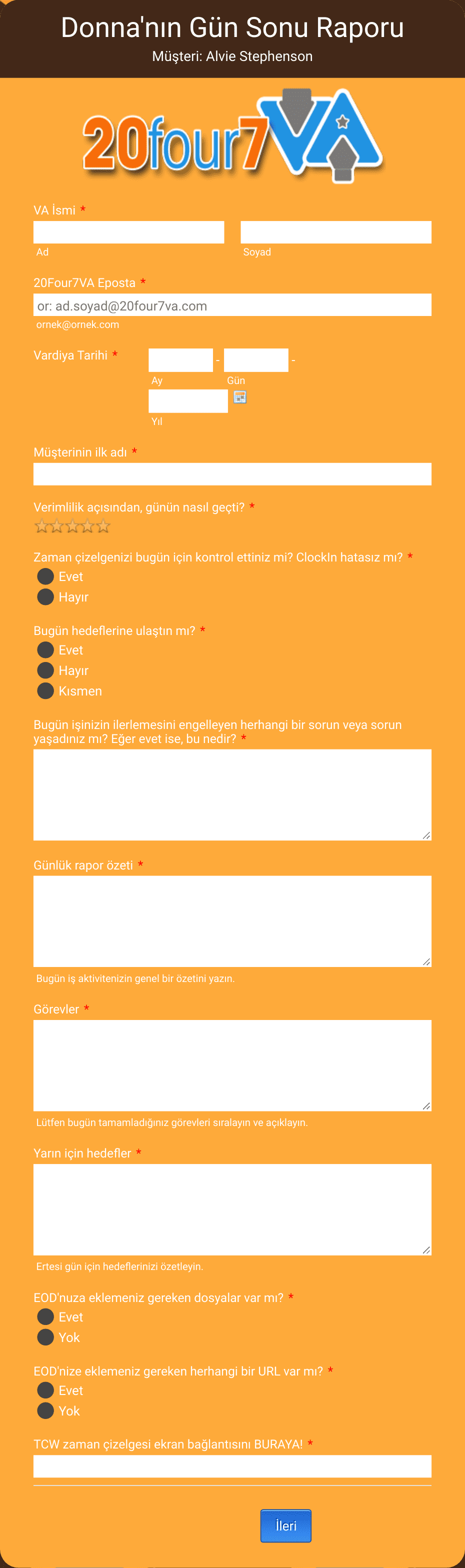 Gün Sonu Raporu Formu Örneği | Jotform