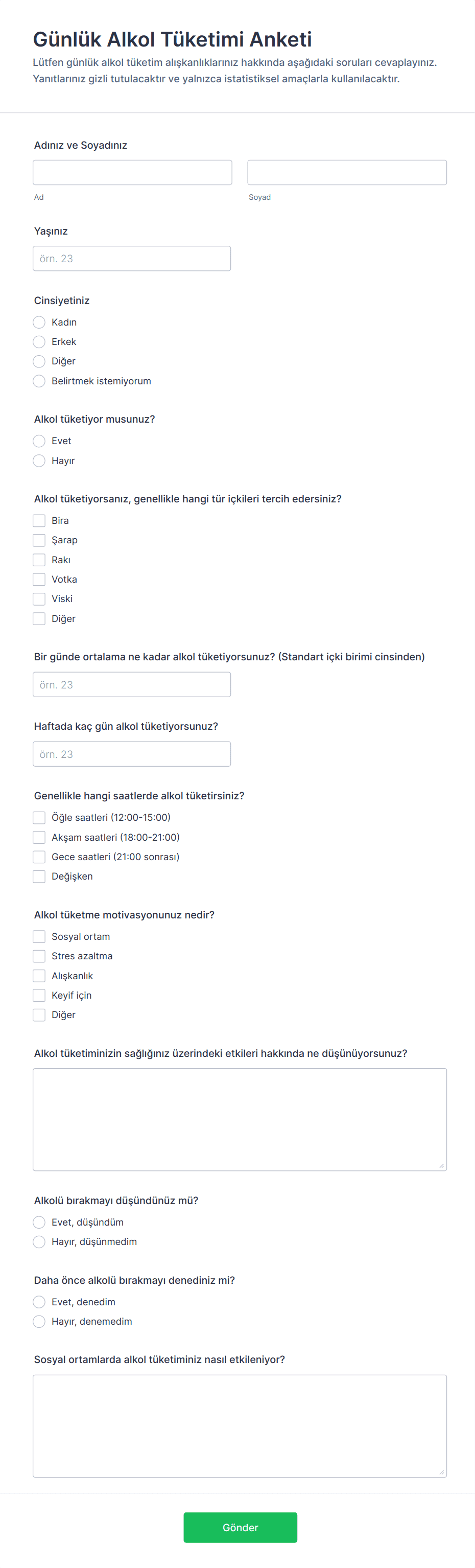 Günlük Alkol Tüketimi Anketi Form Şablonu | Jotform