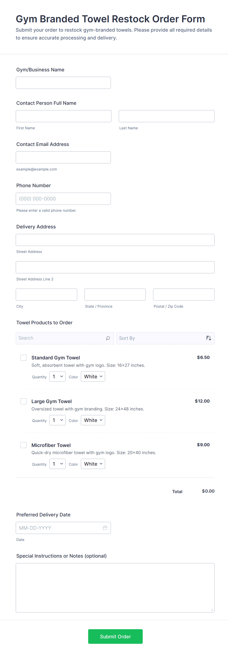 Gym Branded Towel Restock Order Form Template | Jotform