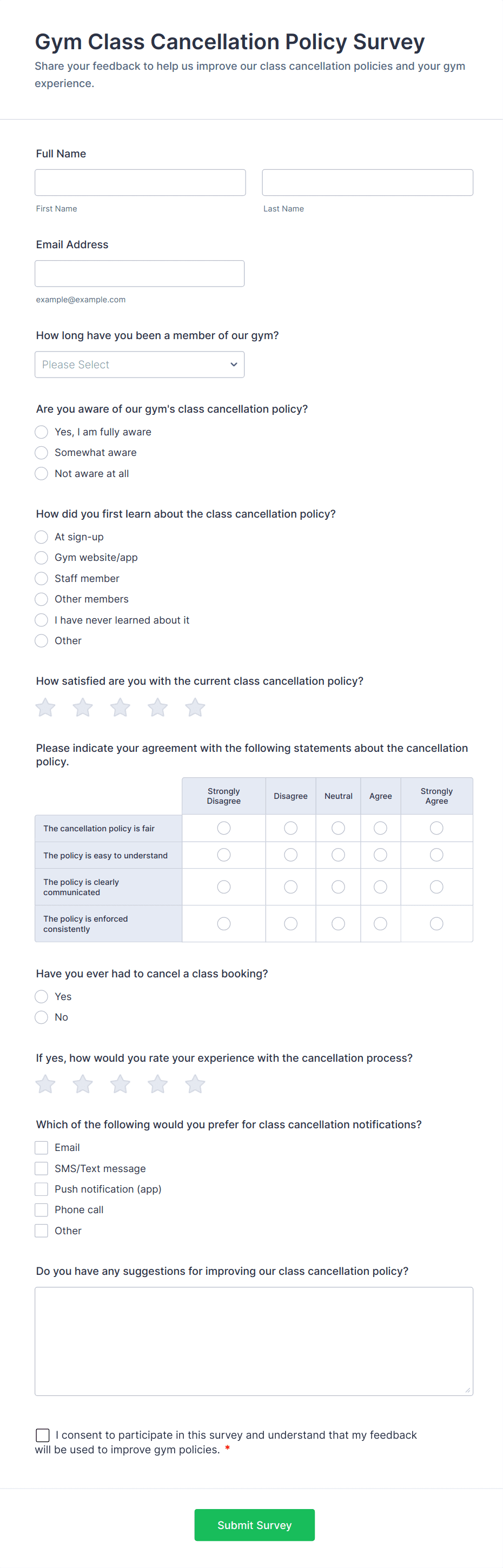 Gym Class Cancellation Policy Survey Form Template | Jotform
