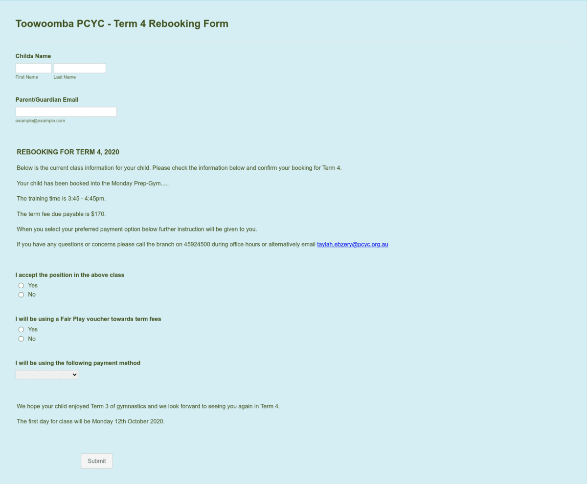 Gym Class Rebooking Form Template | Jotform