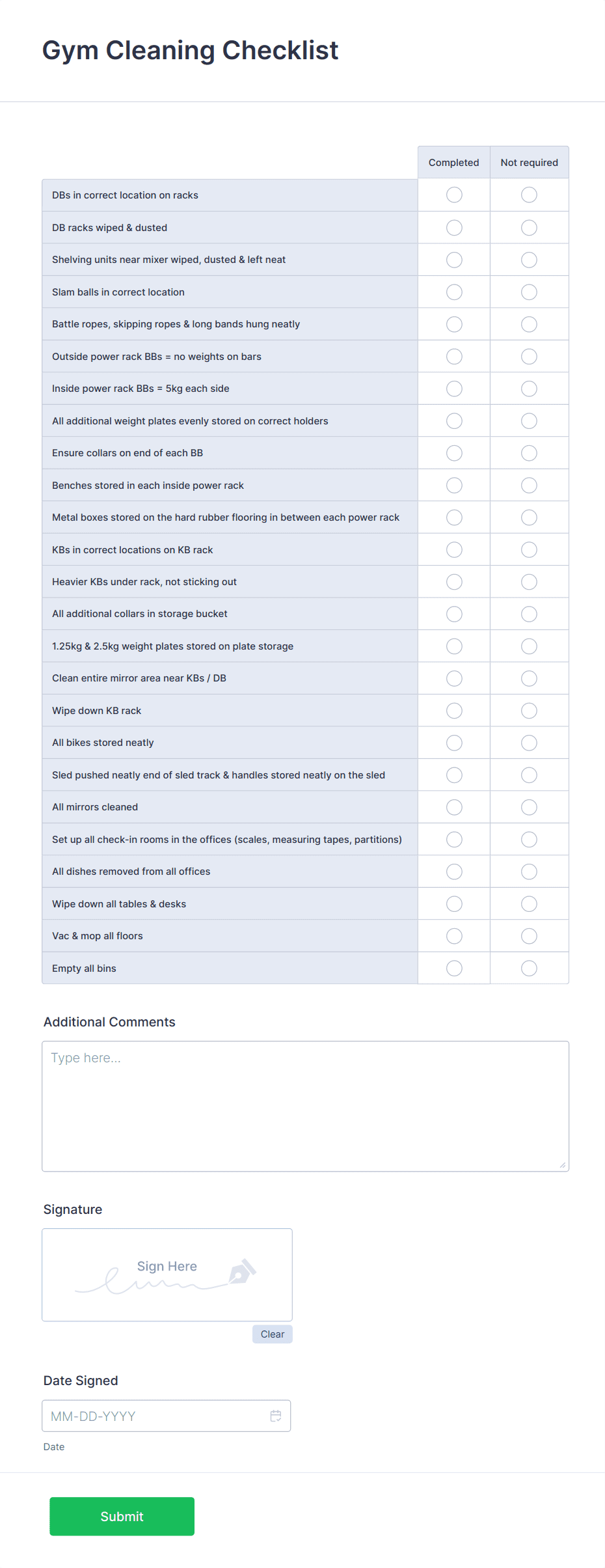 Gym Cleaning Checklist Form Template | Jotform