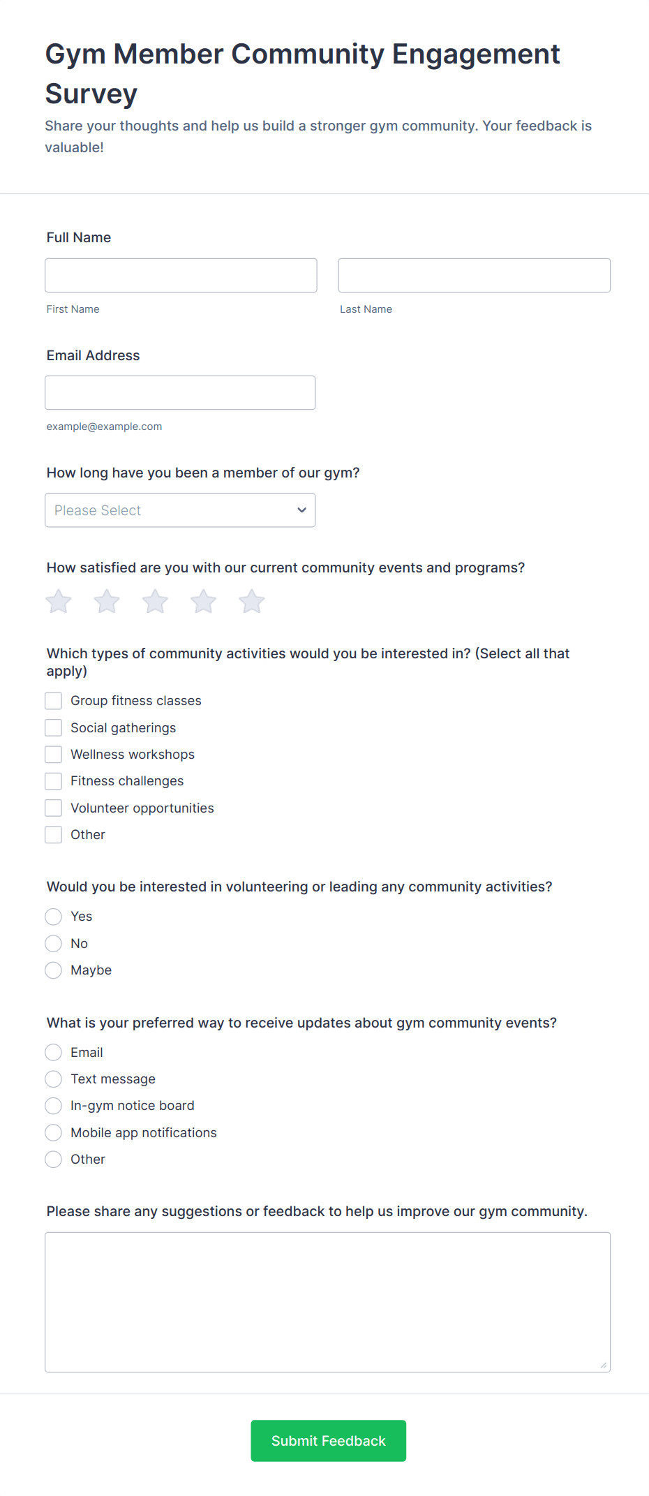 Gym Member Community Engagement Survey Form Template | Jotform