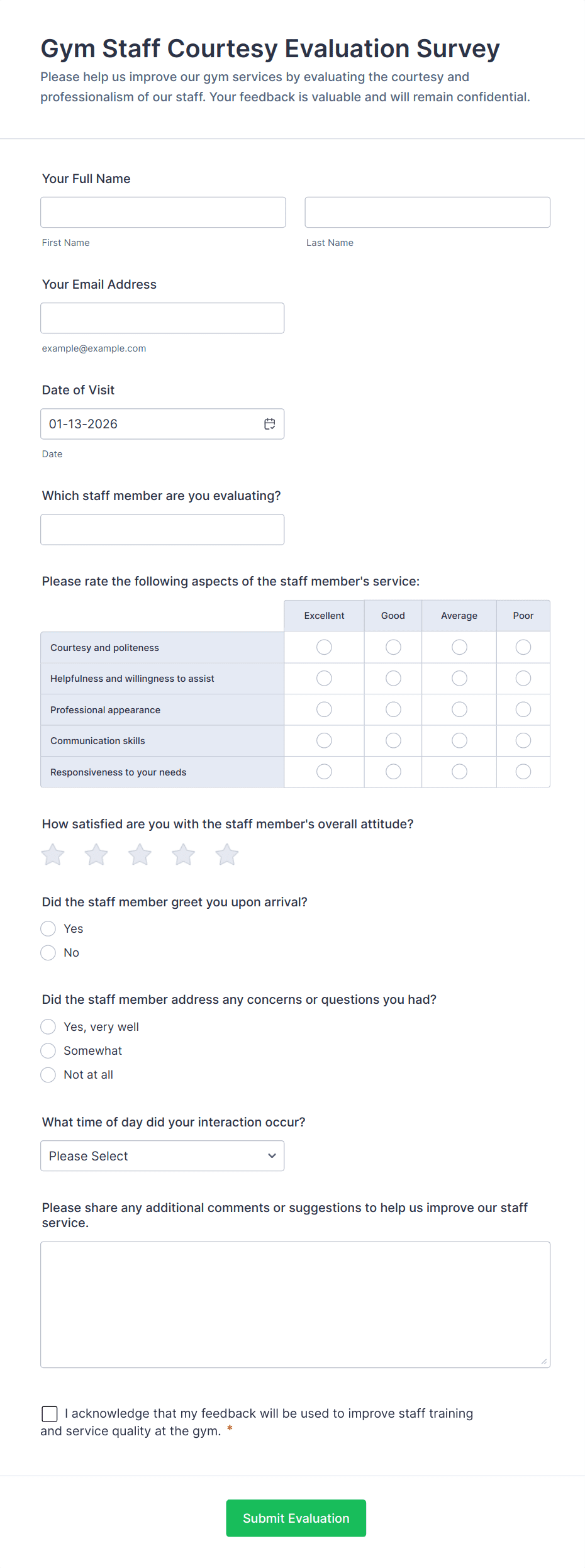Gym Staff Courtesy Evaluation Survey Form Template | Jotform