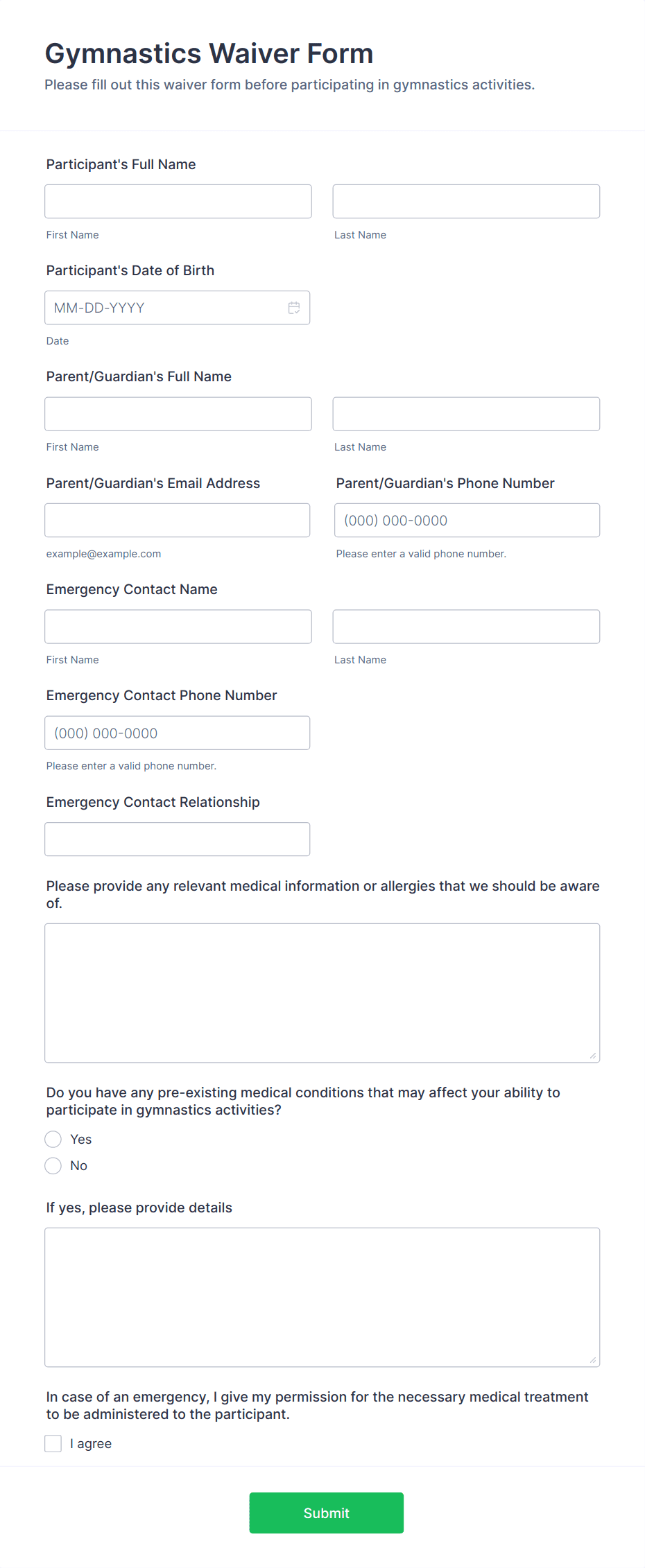 Gymnastics Waiver Form Template | Jotform
