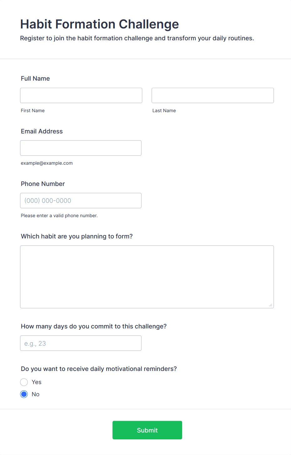 Habit Formation Challenge Registration Form Template | Jotform
