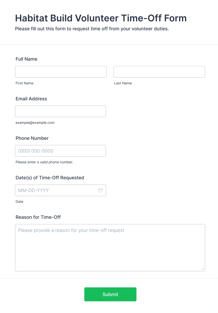 Habitat Build Volunteer Time-Off Form Template | Jotform