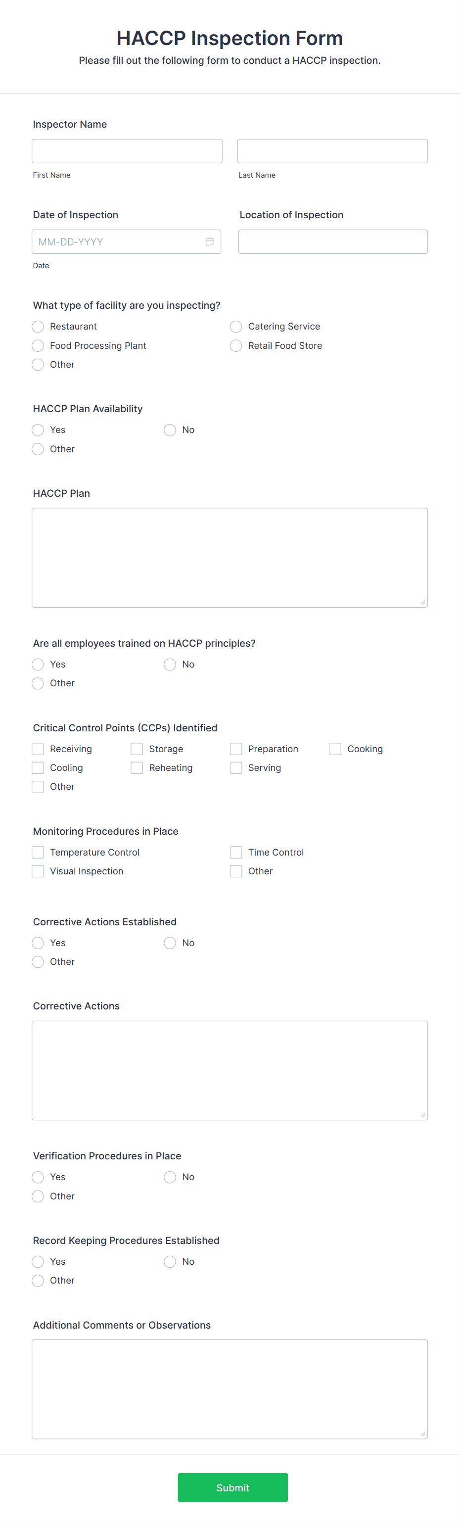 HACCP Inspection Form Template | Jotform
