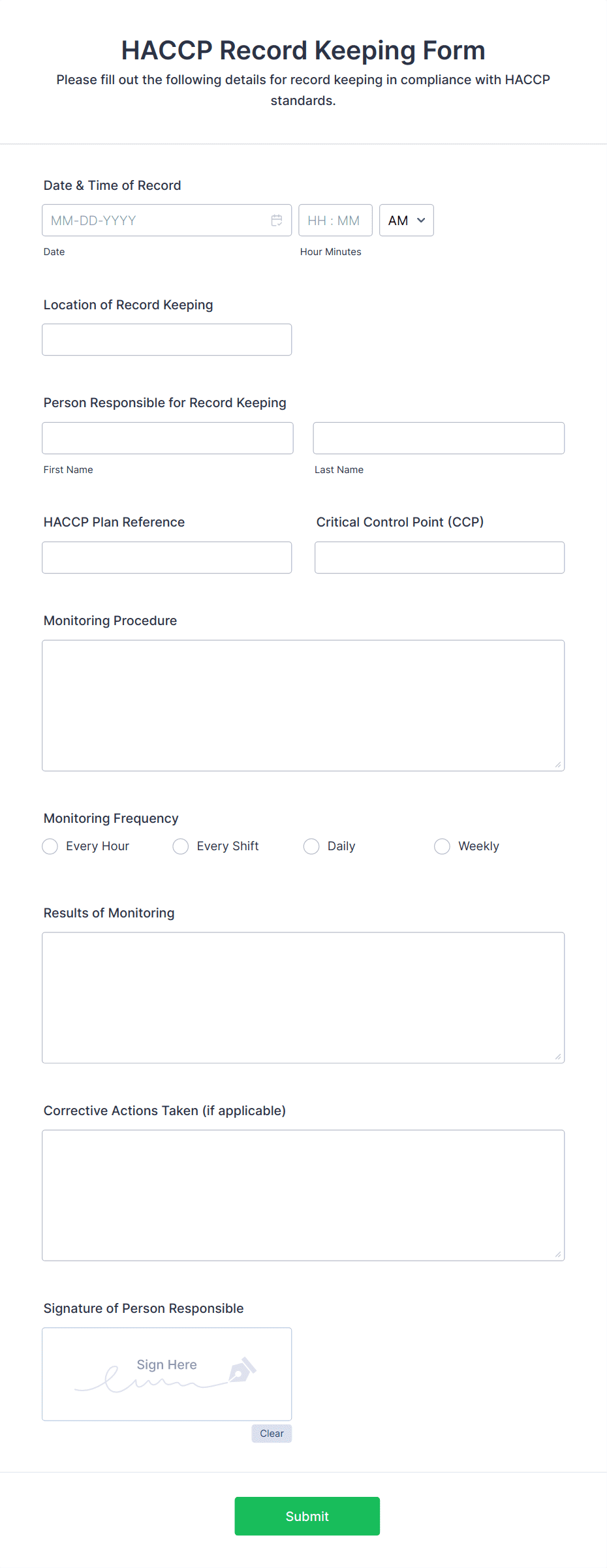 HACCP Record Keeping Form Template | Jotform