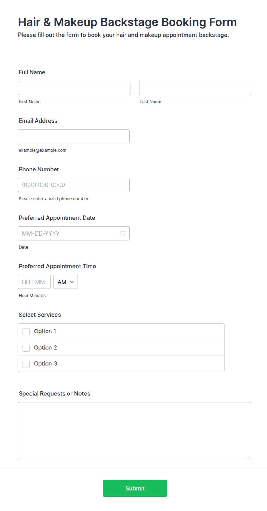 Hair & Makeup Backstage Booking Form Template | Jotform