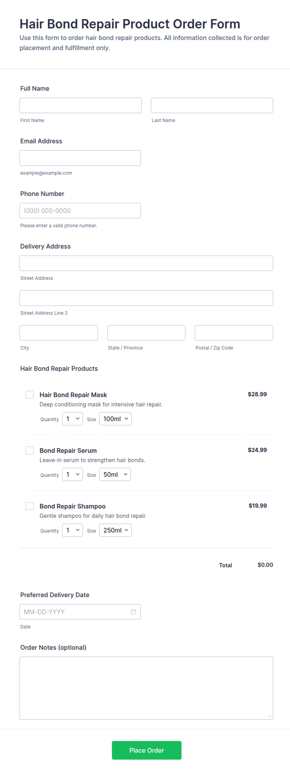 Hair Bond Repair Product Order Form Template | Jotform