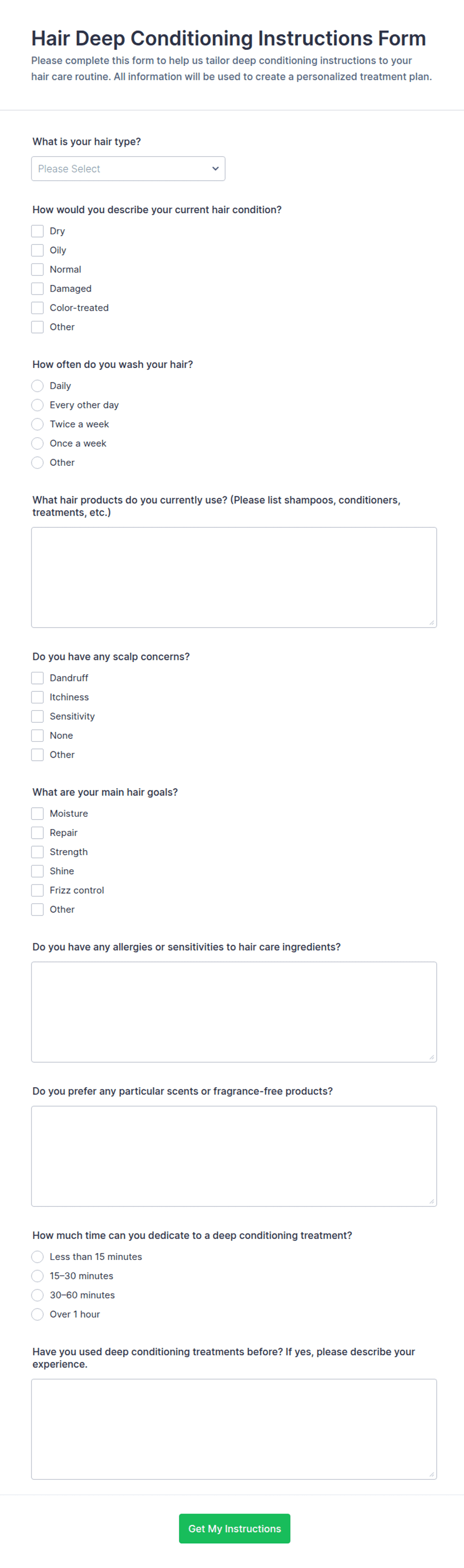 Hair Deep Conditioning Instructions Form Template | Jotform
