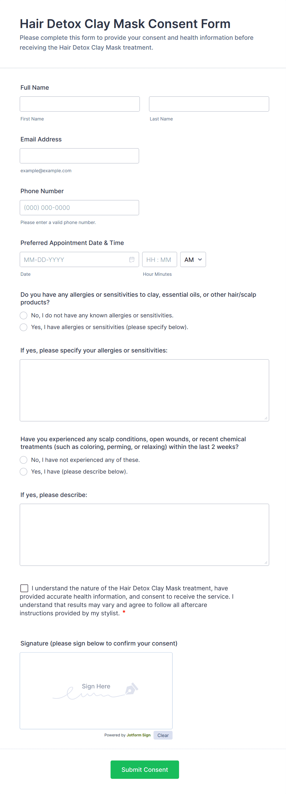 Hair Detox Clay Mask Consent Form Template | Jotform