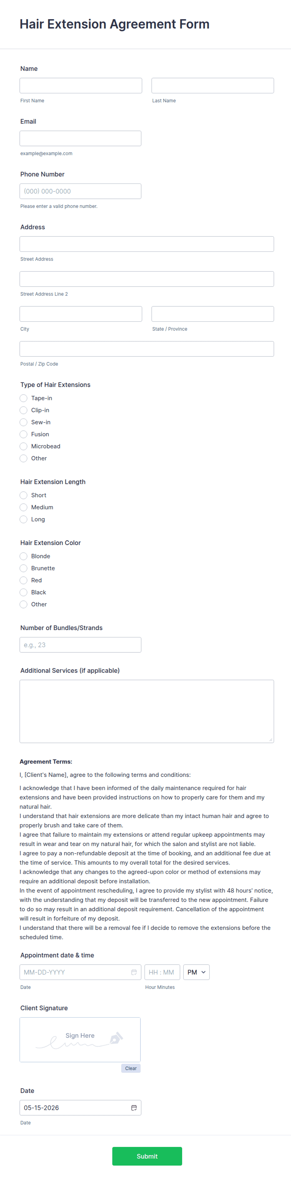 Hair Extension Agreement Form Template | Jotform