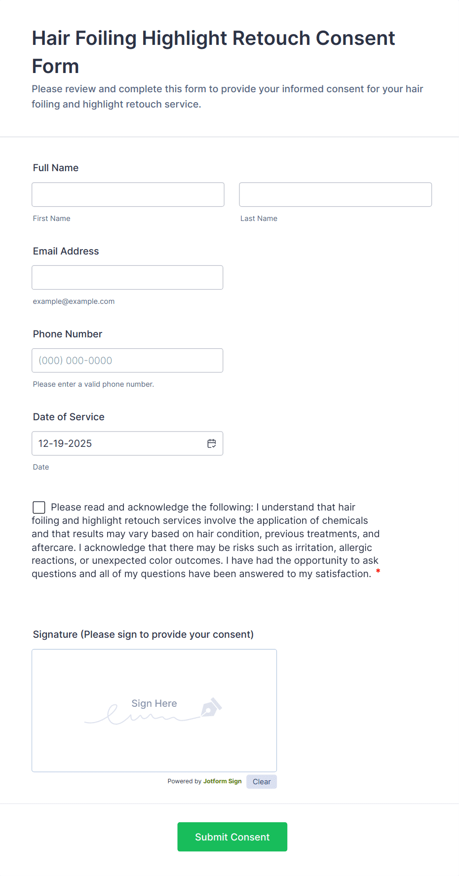 Hair Foiling Highlight Retouch Consent Form Template | Jotform