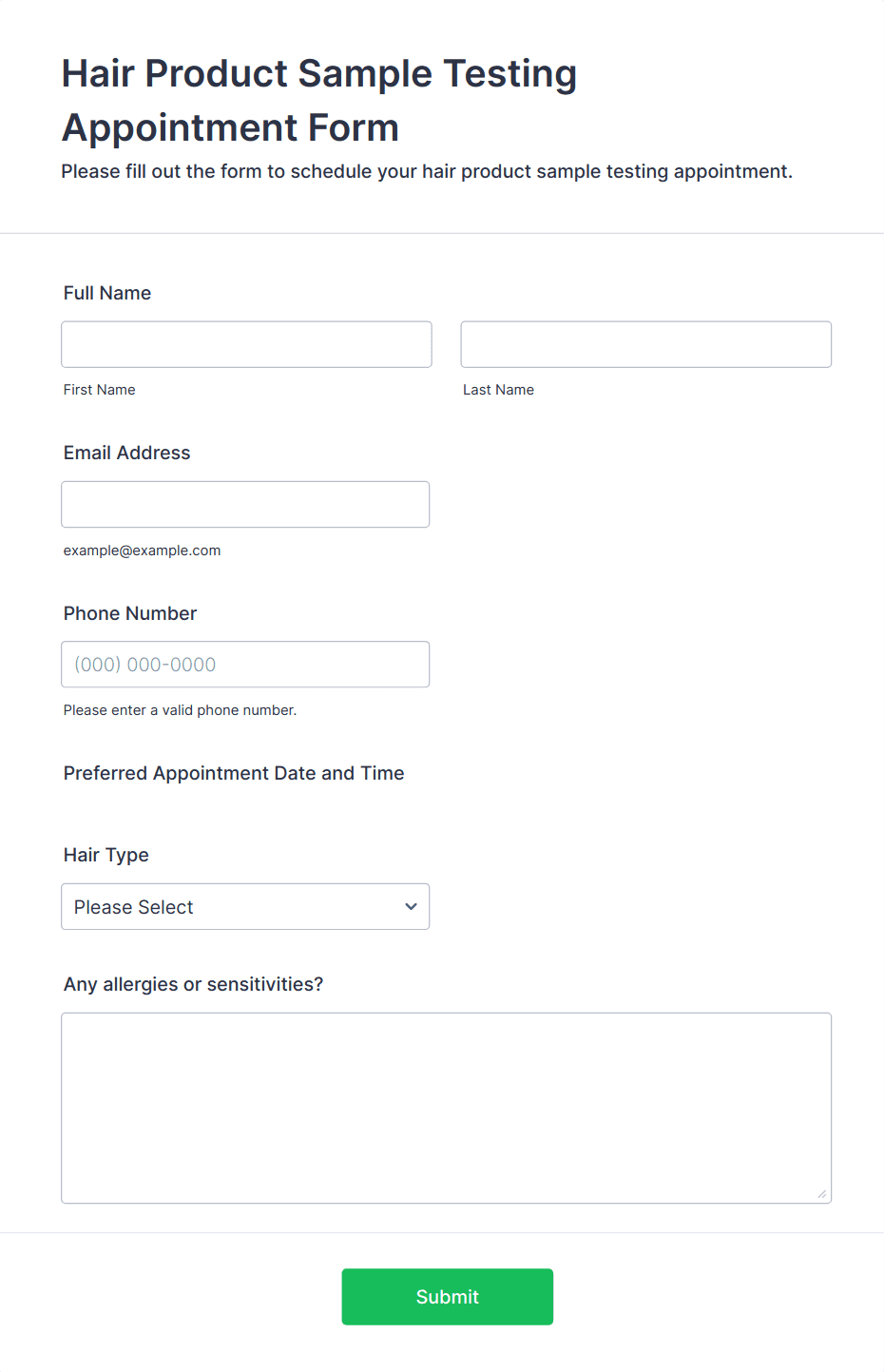Hair Product Sample Testing Appointment Form Template | Jotform