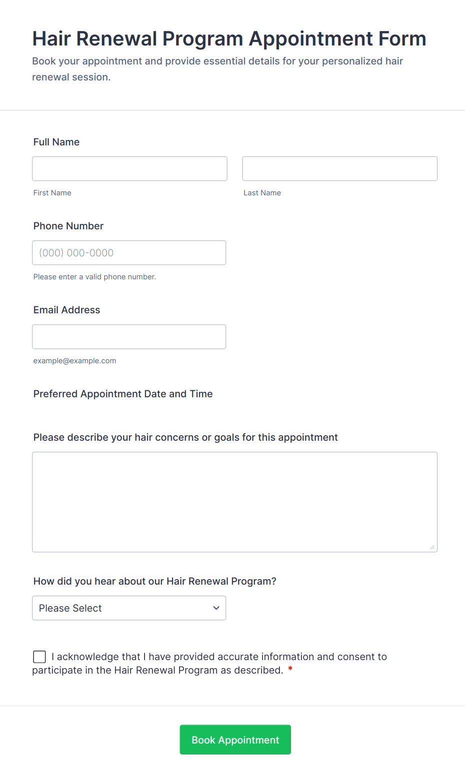 Hair Renewal Program Appointment Form Template | Jotform