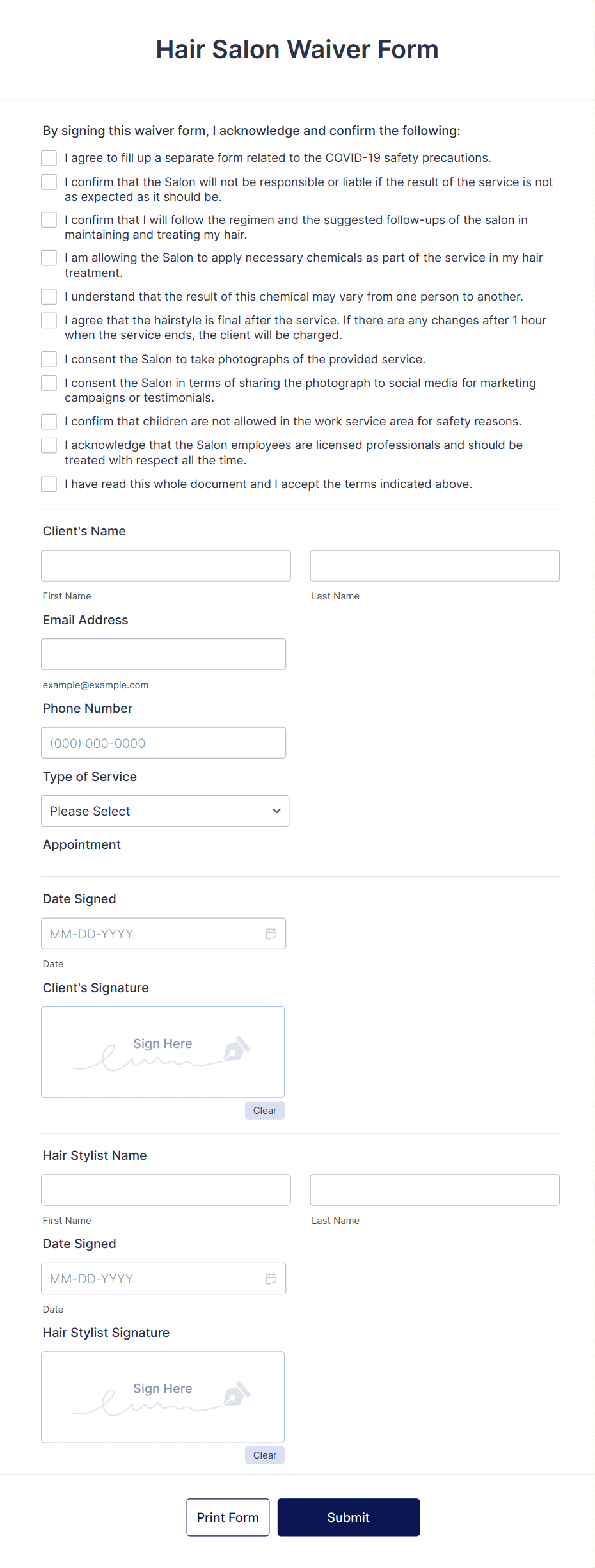 Hair Salon Waiver Form Template | Jotform