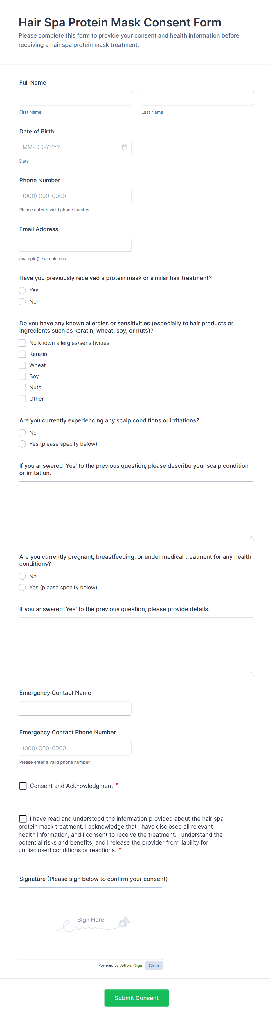 Hair Spa Protein Mask Consent Form Template | Jotform
