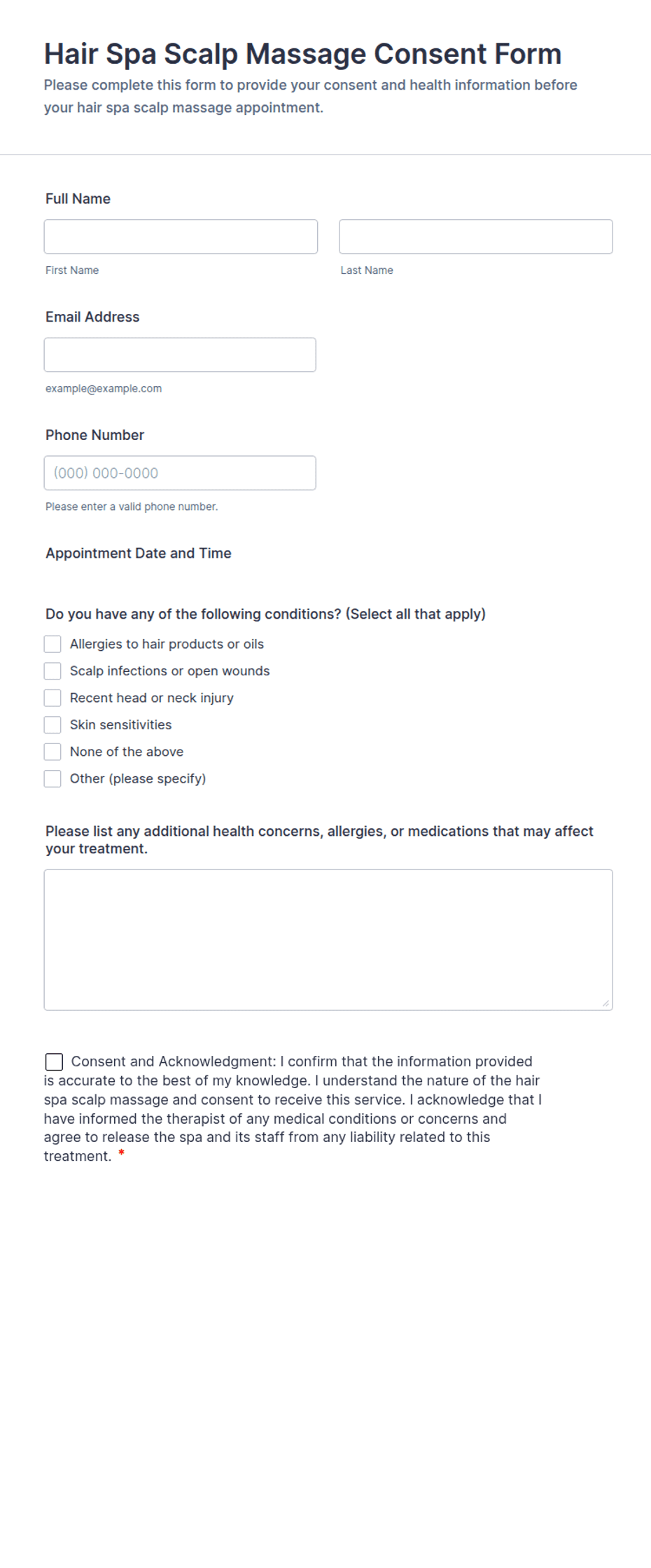 Hair Spa Scalp Massage Consent Form Template | Jotform