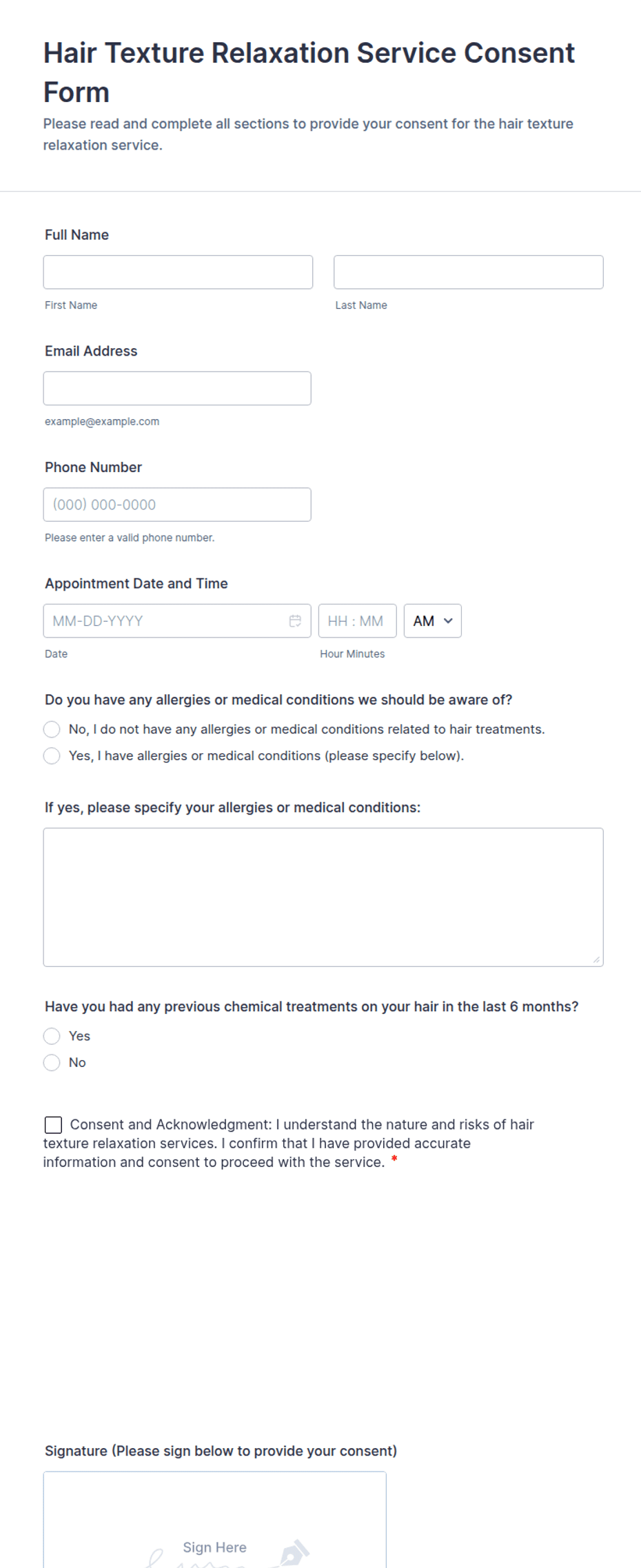 Hair Texture Relaxation Service Consent Form Template | Jotform