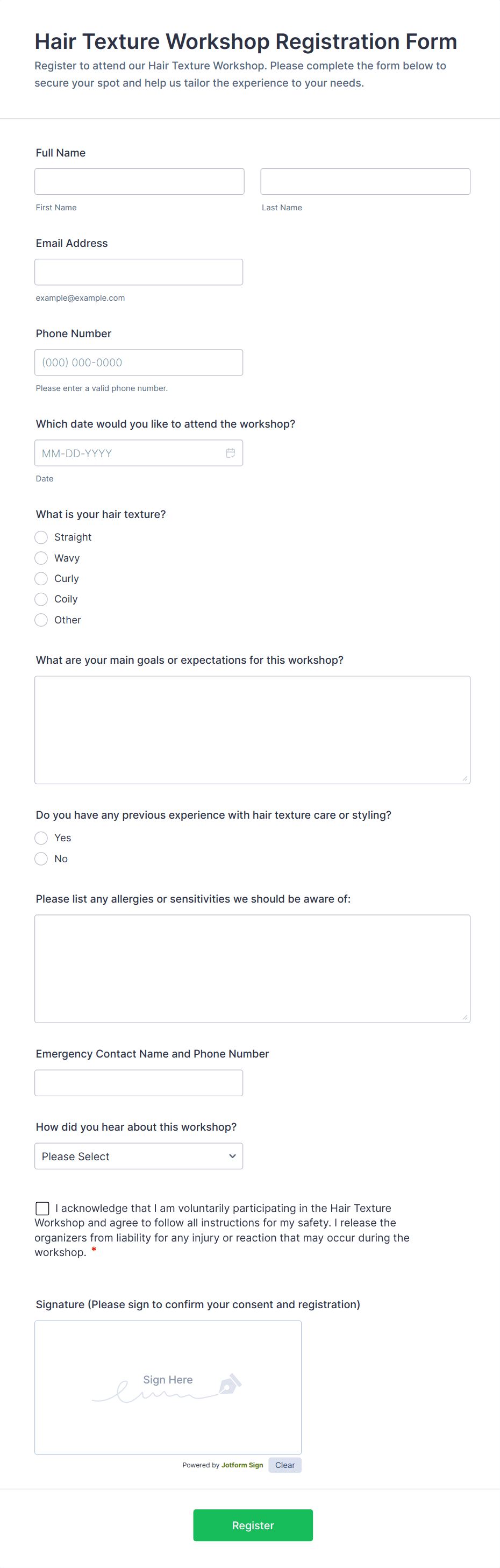 Hair Texture Workshop Registration Form Template | Jotform