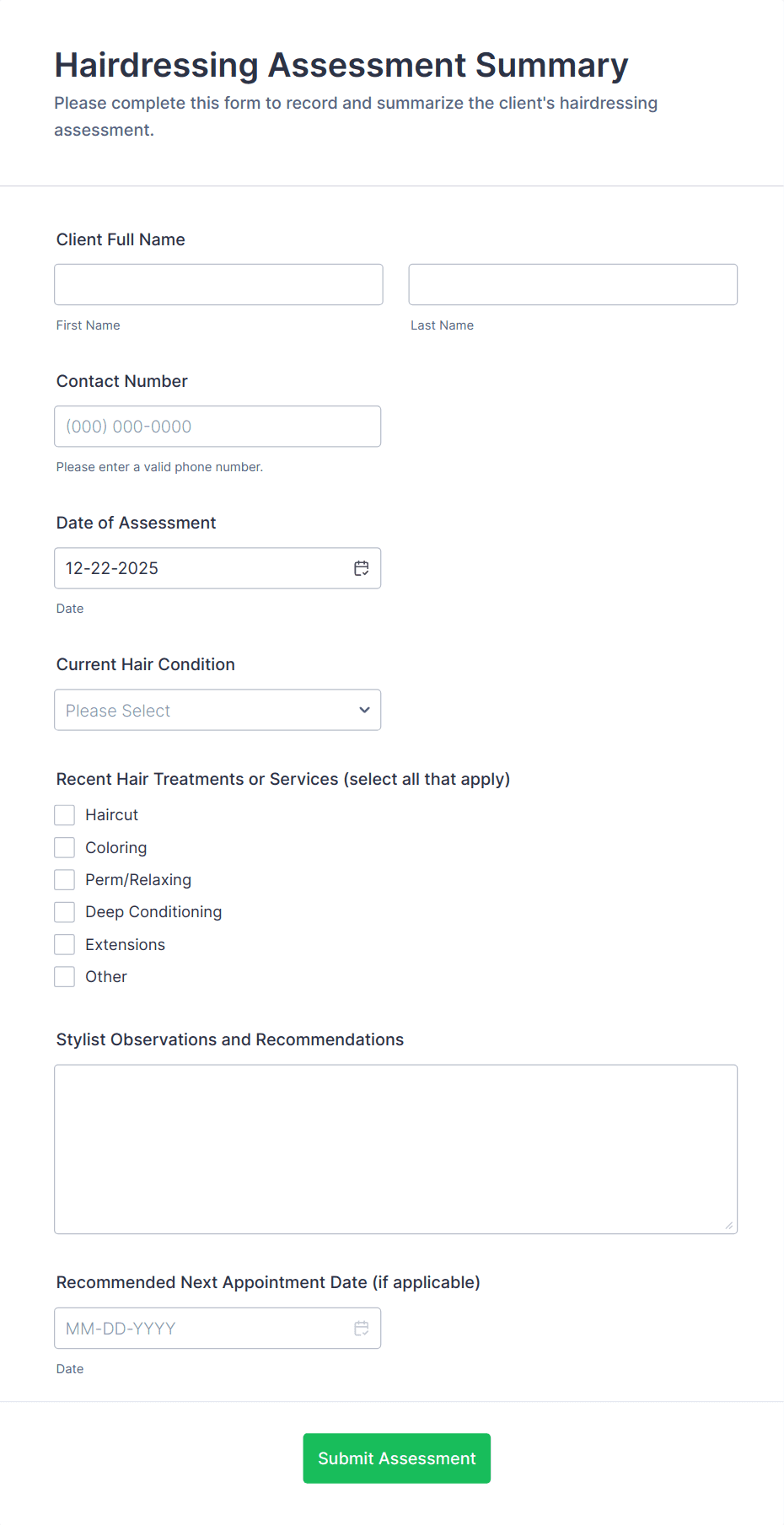 Hairdressing Assessment Summary Form Template | Jotform