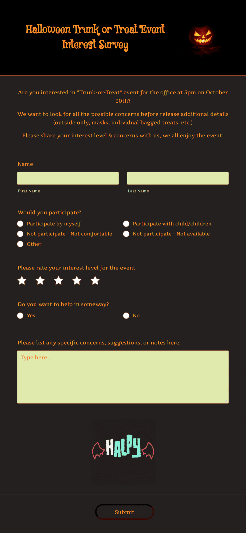 Halloween Trunk or Treat Event Interest Survey Form Template | Jotform