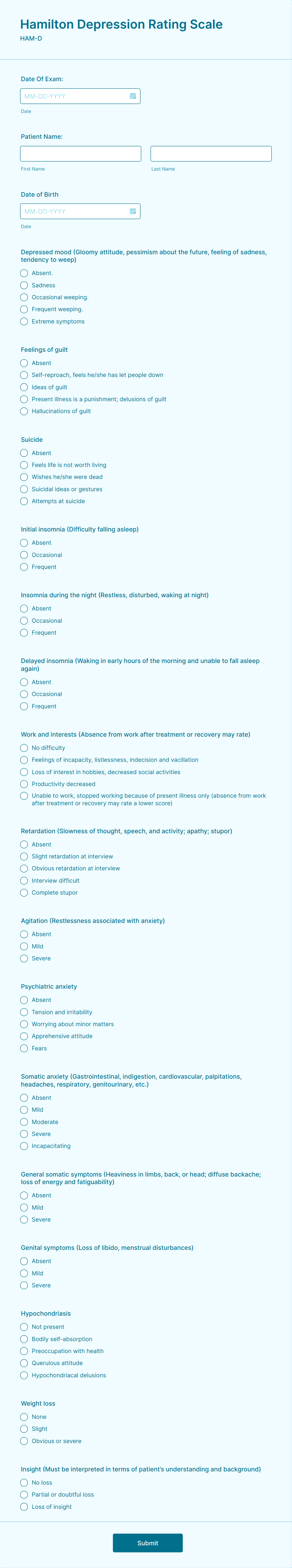Hamilton Depression Rating Scale Form Template | Jotform