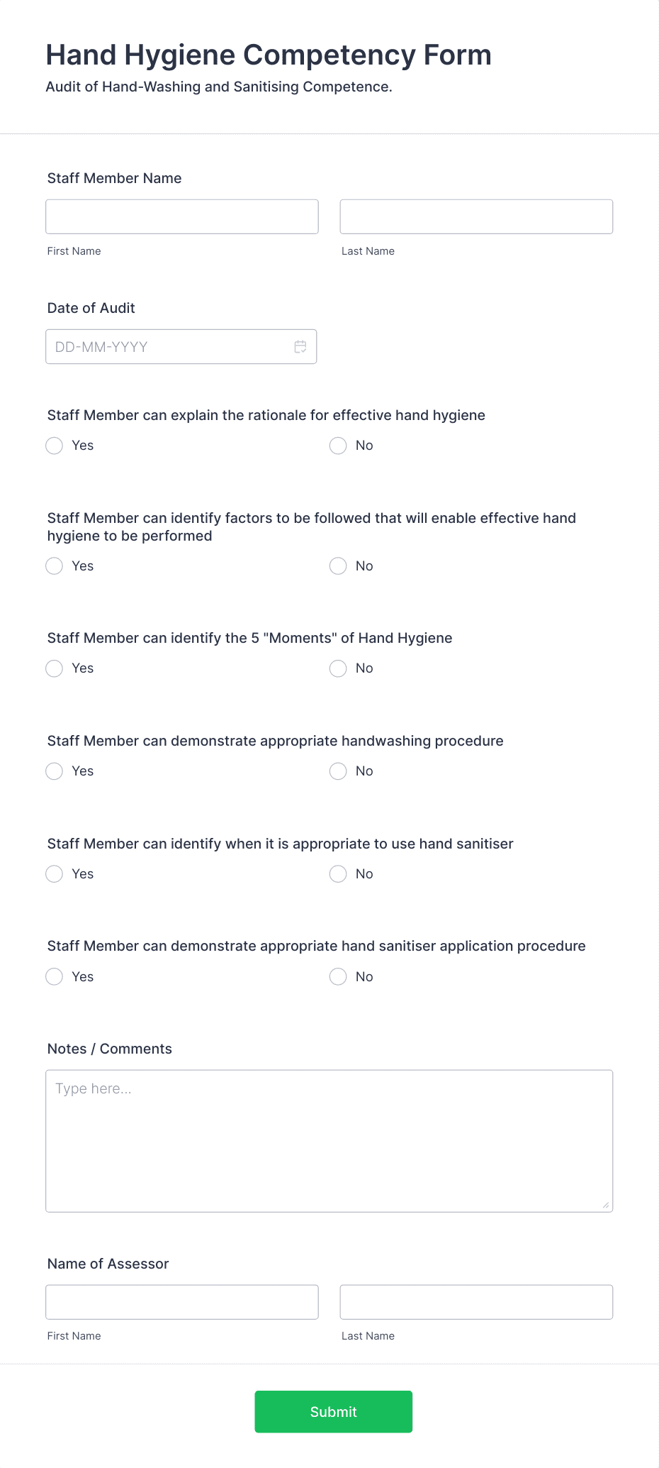 Hand Hygiene Competency Form Template | Jotform
