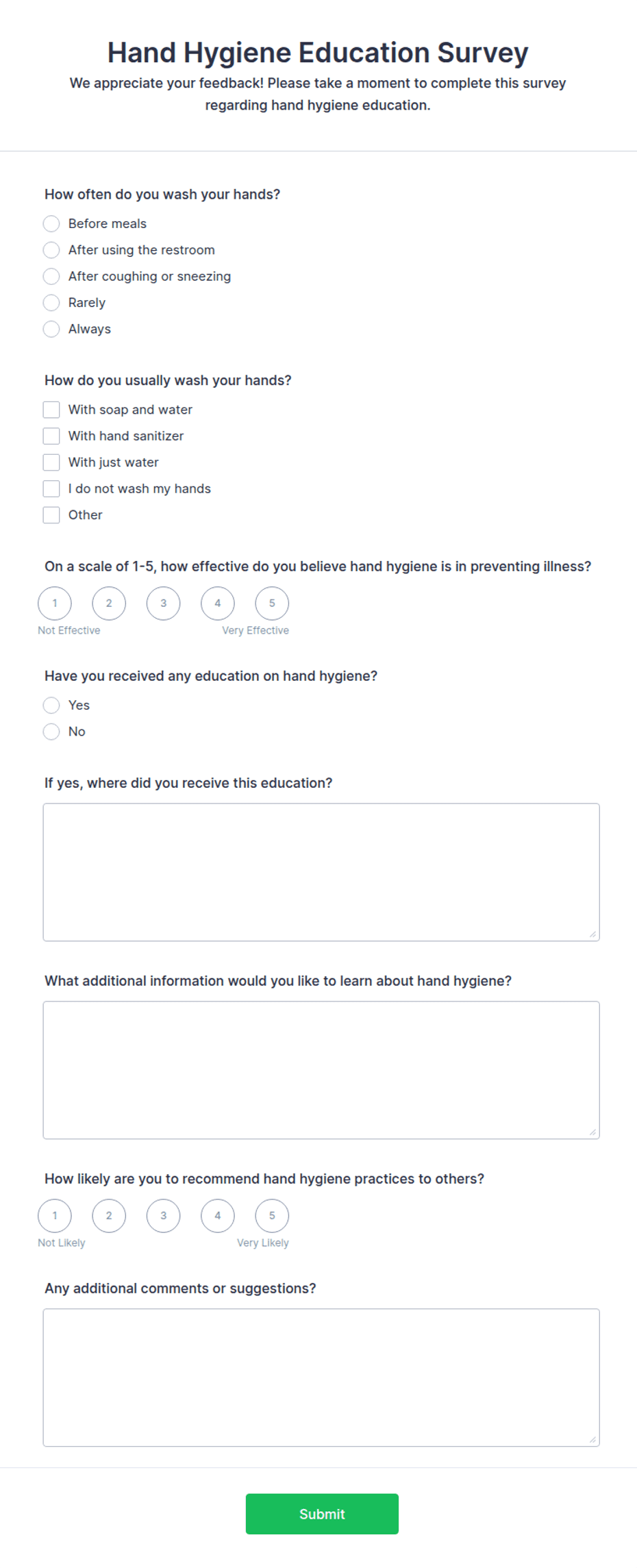 Hand Hygiene Education Survey Form Template | Jotform