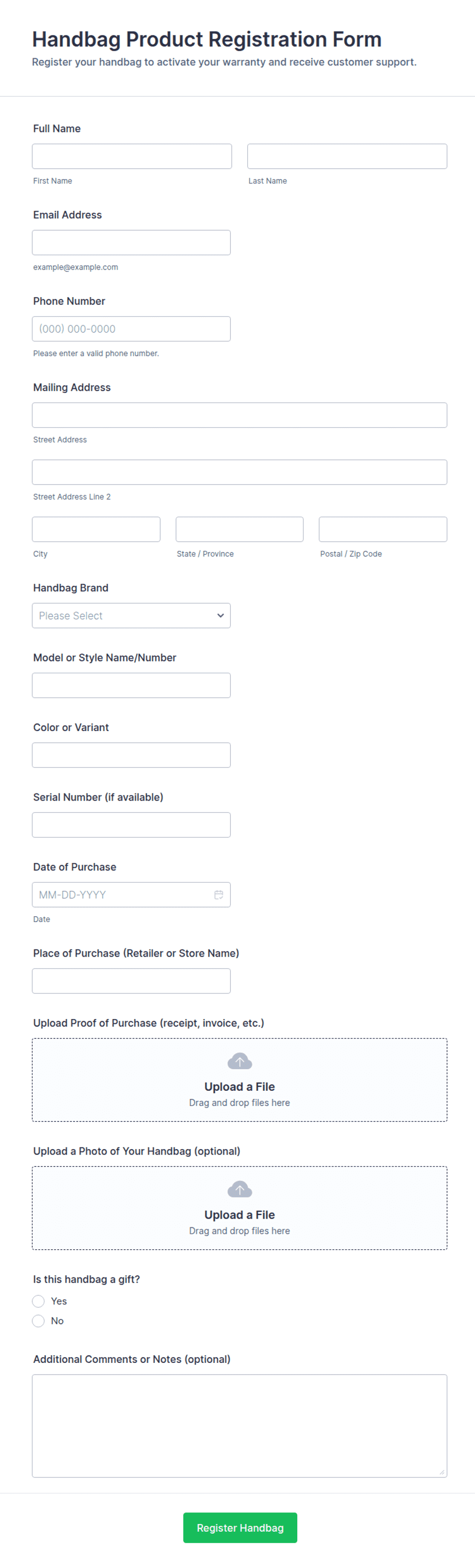Handbag Product Registration Form Template | Jotform