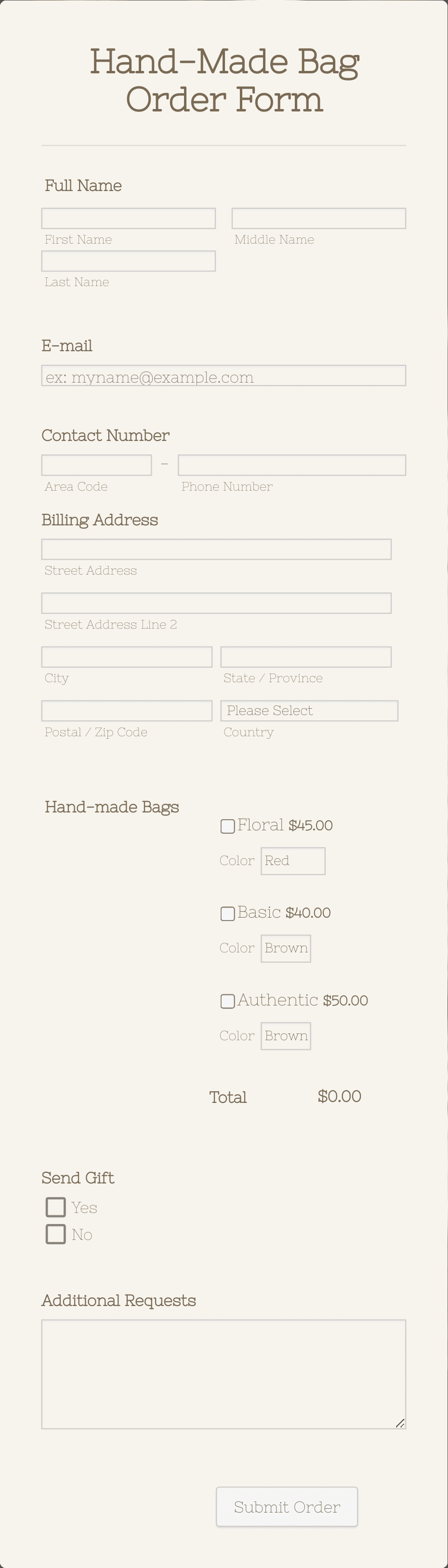 HandMade Bag Order Form - Worldpay UK Payment Form Template | Jotform
