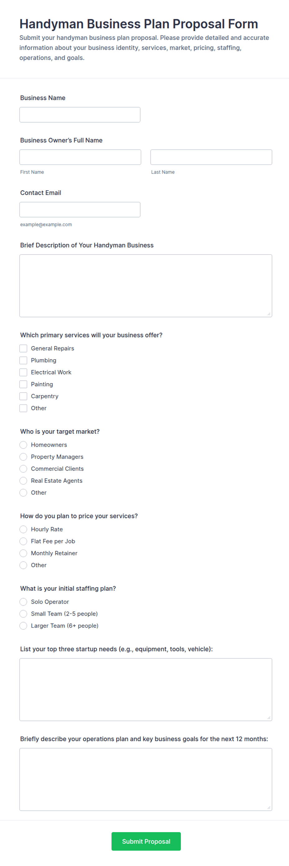 Handyman Business Plan Proposal Form Template | Jotform