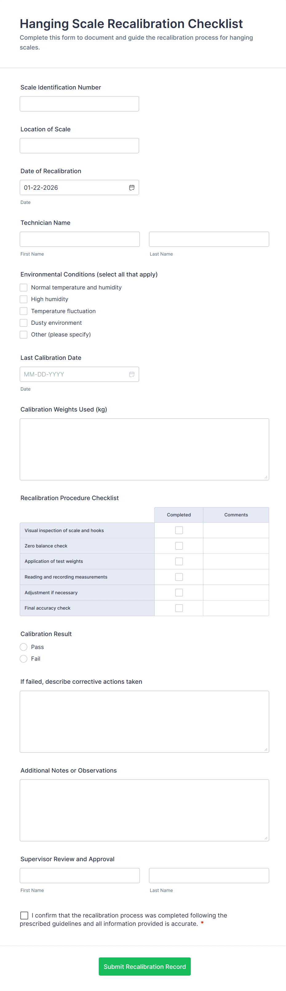 Hanging Scale Recalibration Checklist Form Template | Jotform