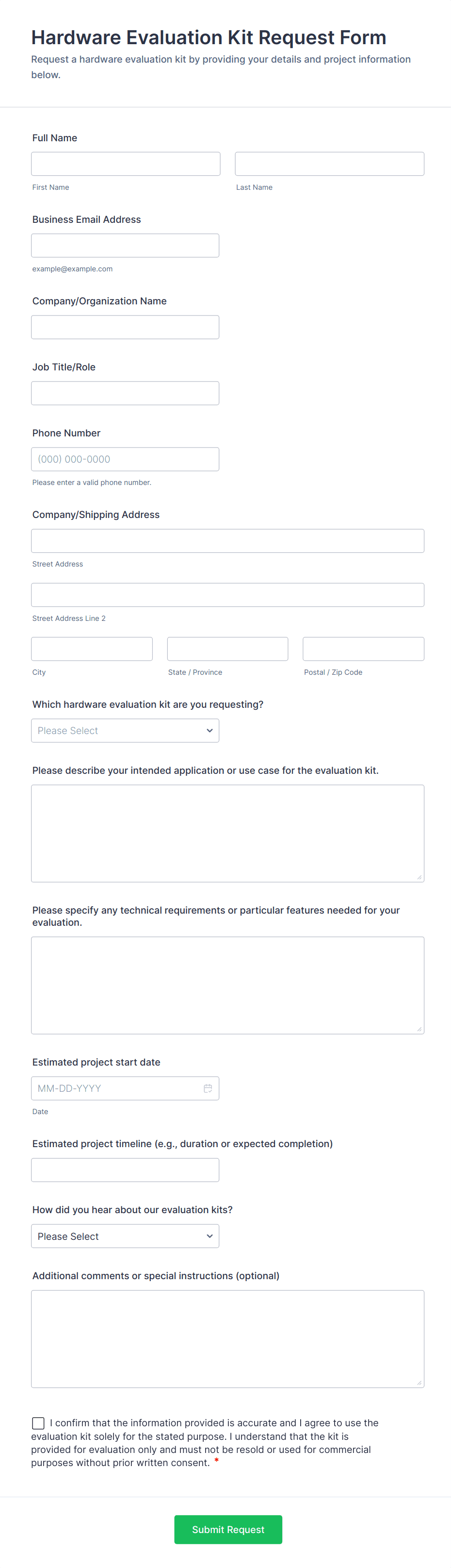 Hardware Evaluation Kit Request Form Template | Jotform