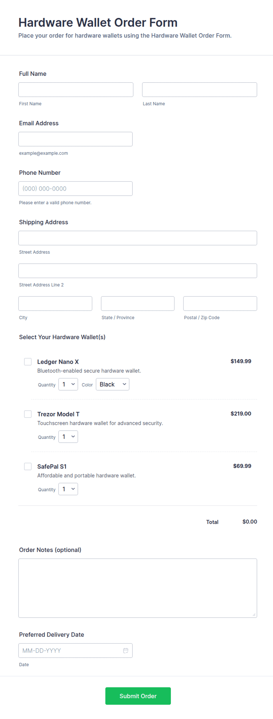 Hardware Wallet Order Form Template | Jotform