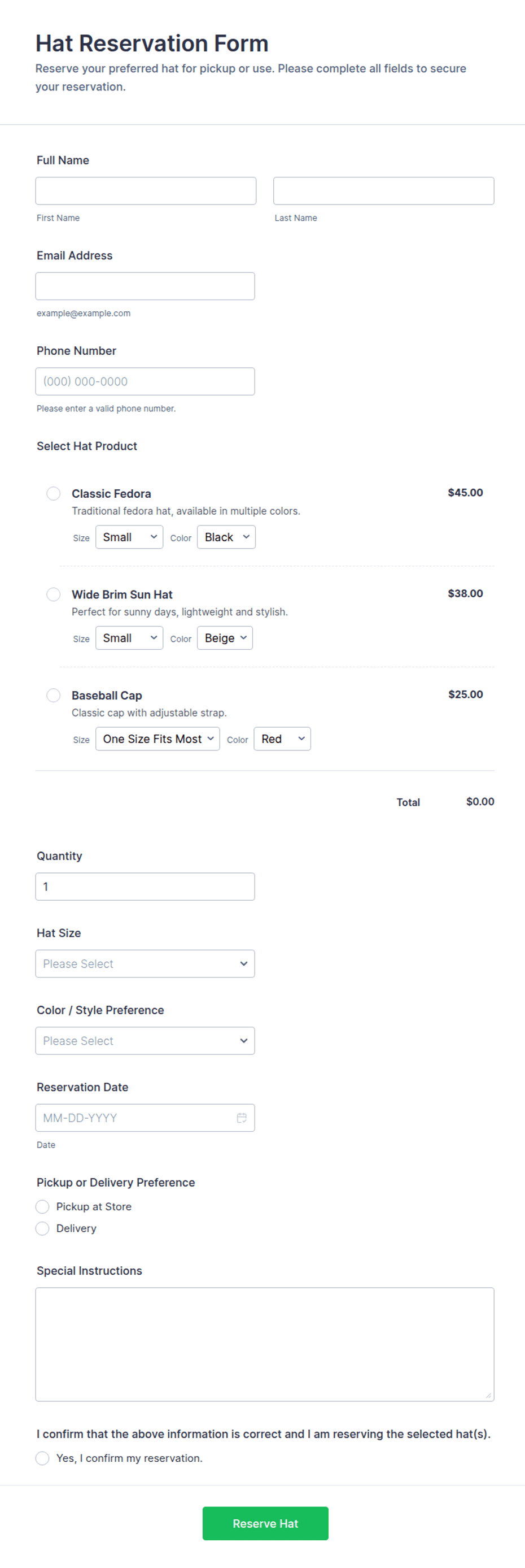 Hat Reservation Form Template | Jotform