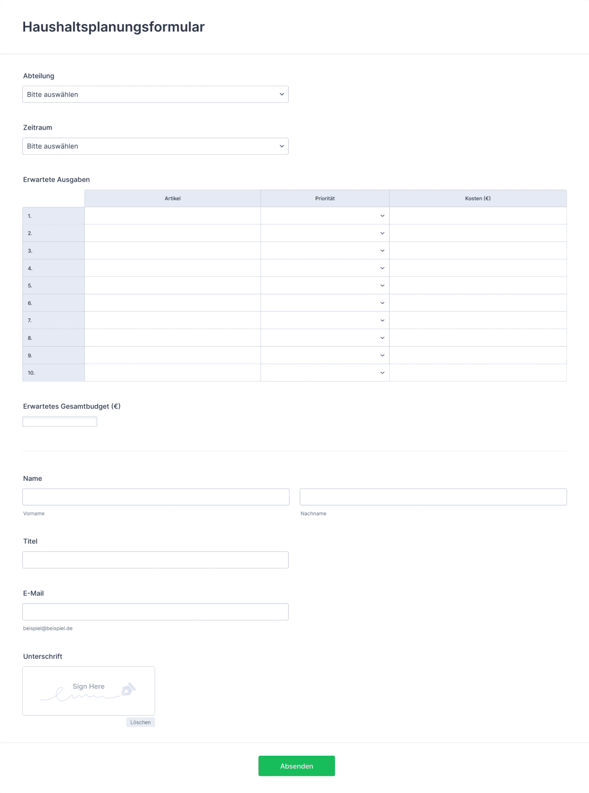 Haushaltsplanungsformular Formularvorlage | Jotform