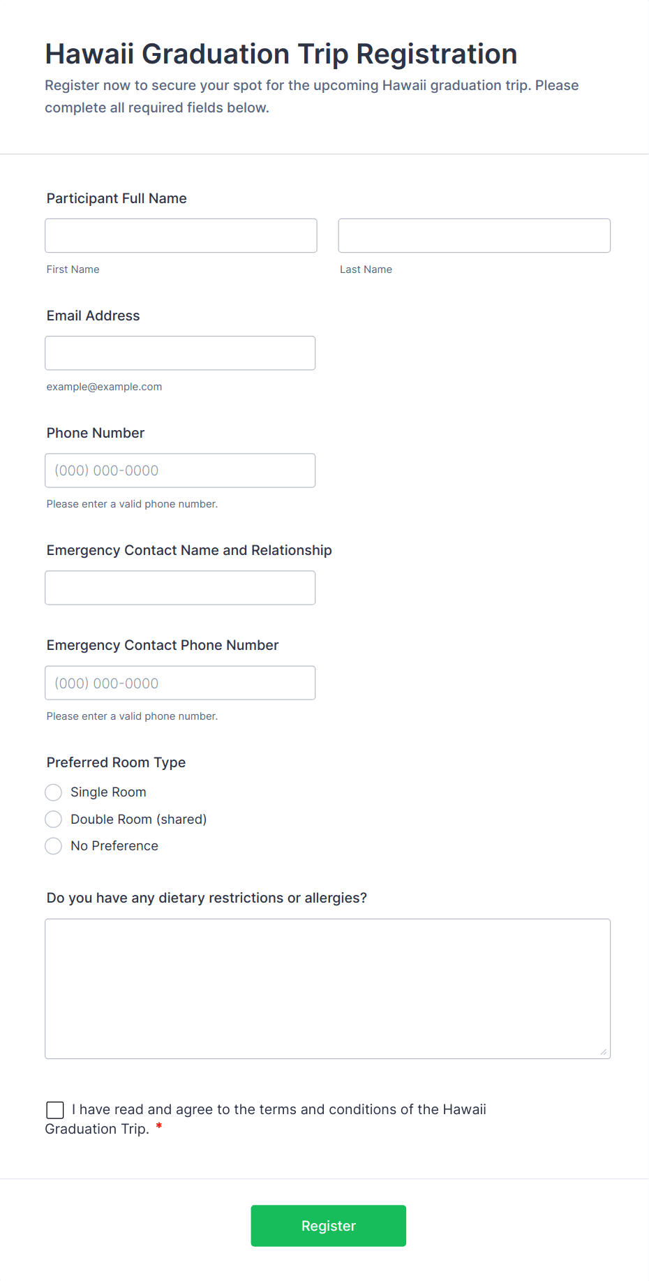Hawaii Graduation Trip Registration Form Template | Jotform