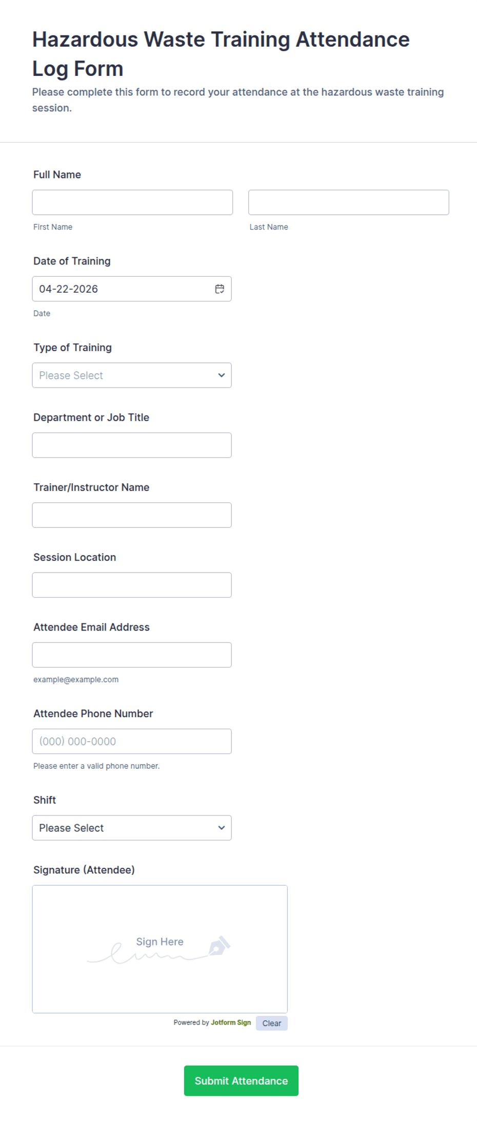 Hazardous Waste Training Attendance Log Form Template | Jotform