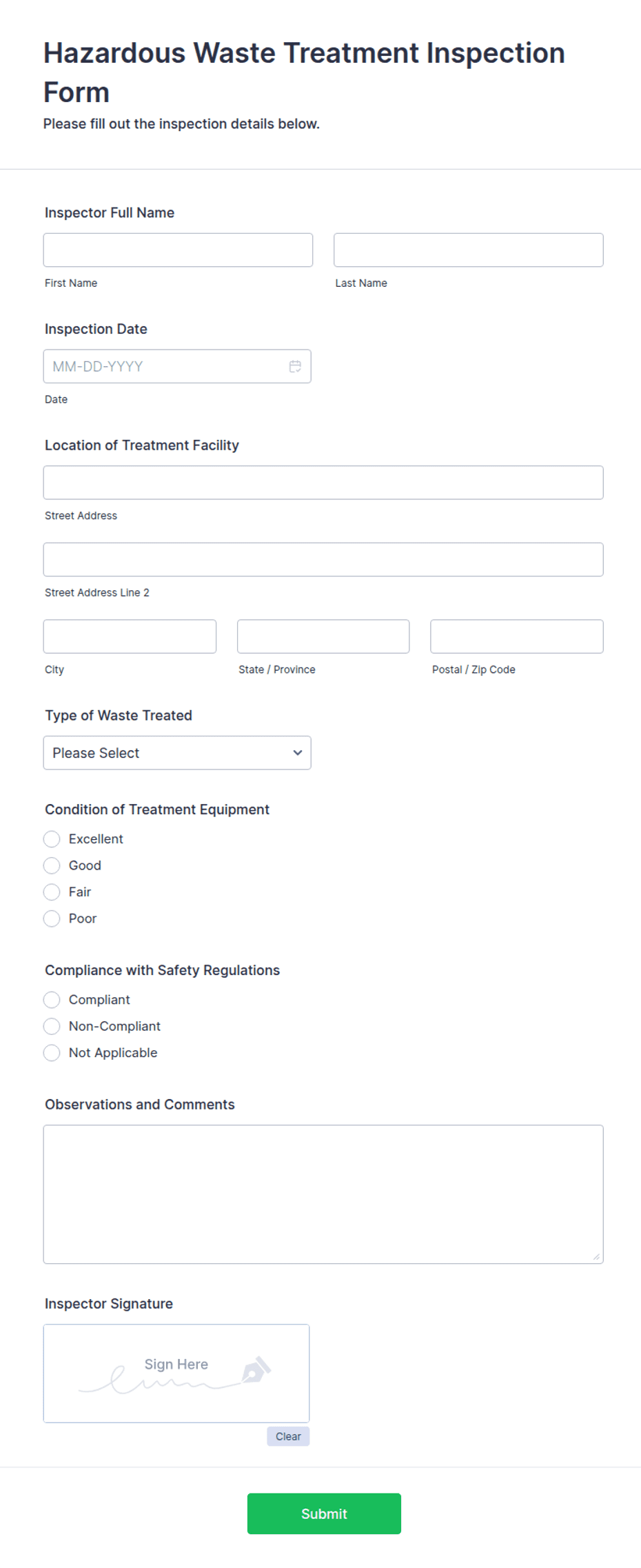 Hazardous Waste Treatment Inspection Form Template | Jotform