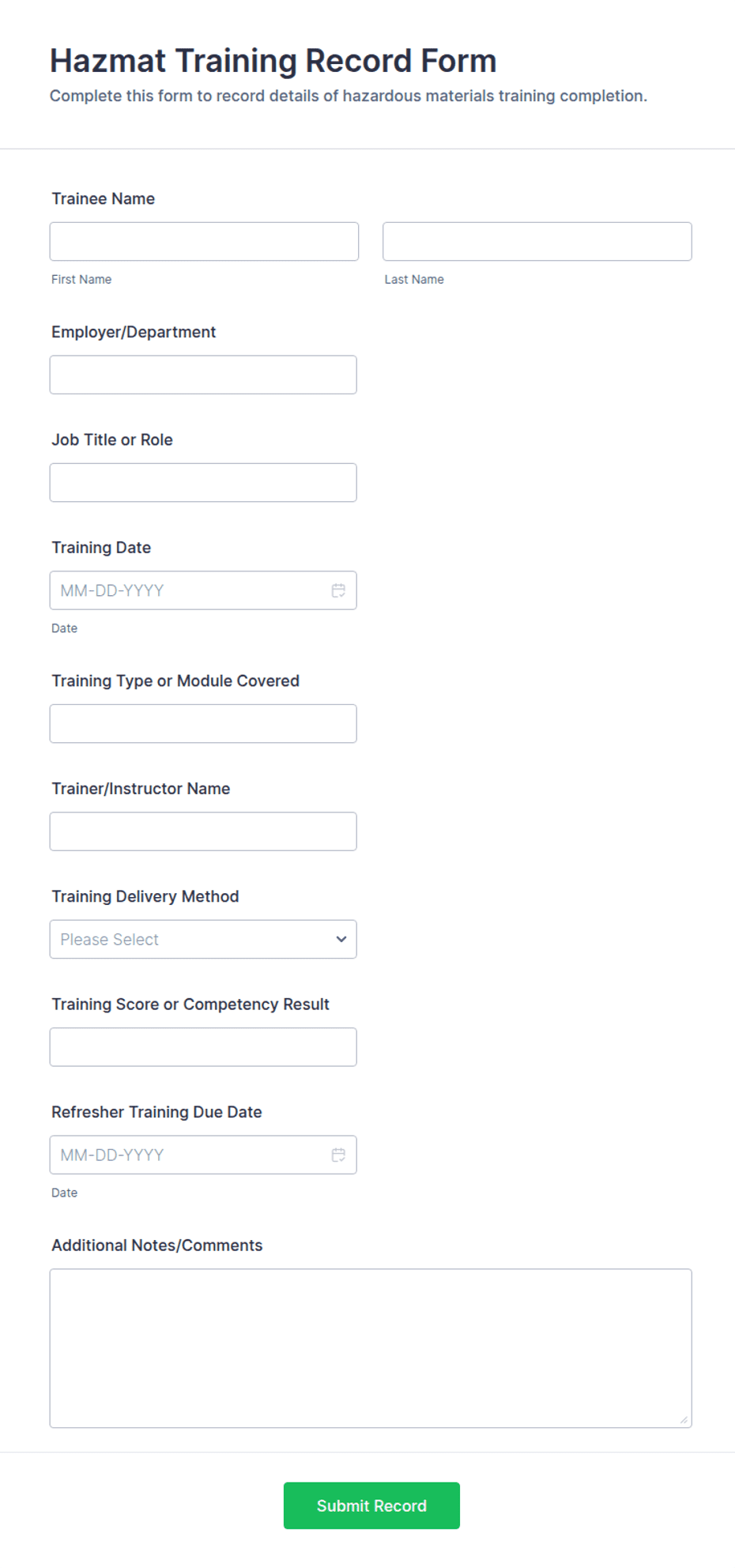 Hazmat Training Record Form Template | Jotform