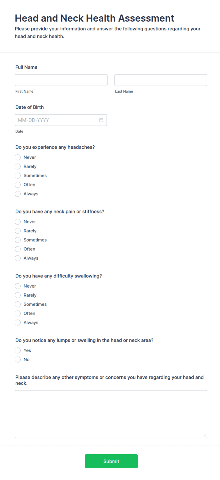 Head and Neck Health Assessment Form Template | Jotform