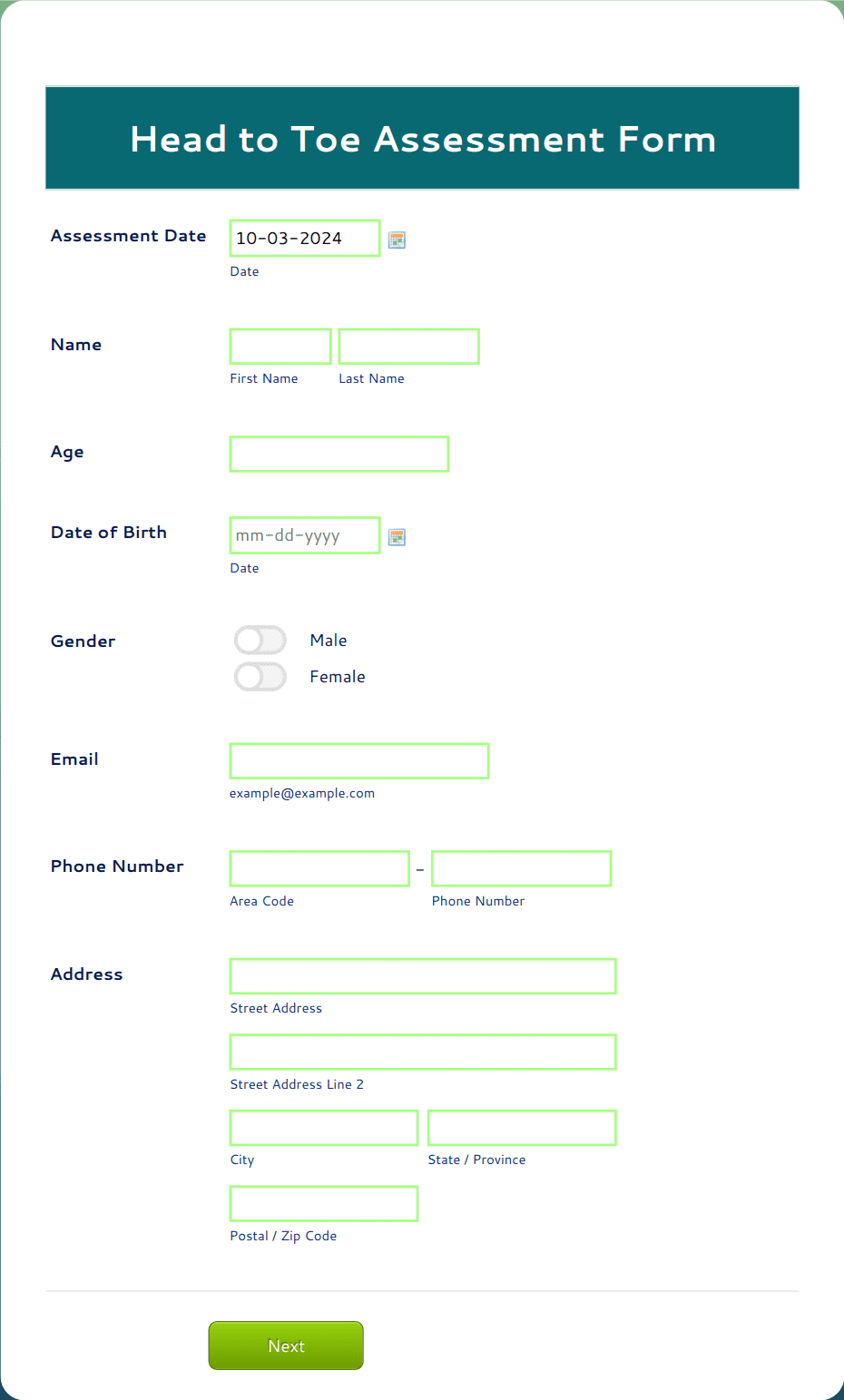 Head to Toe Assessment Form Template | Jotform