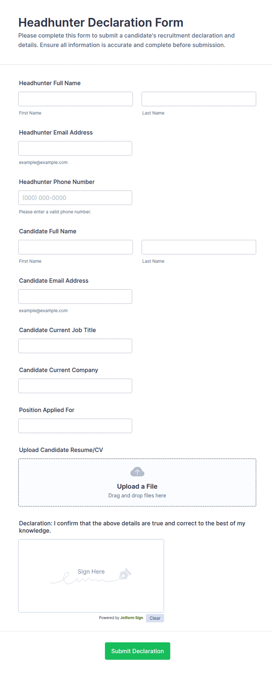 Headhunter Declaration Form Template | Jotform