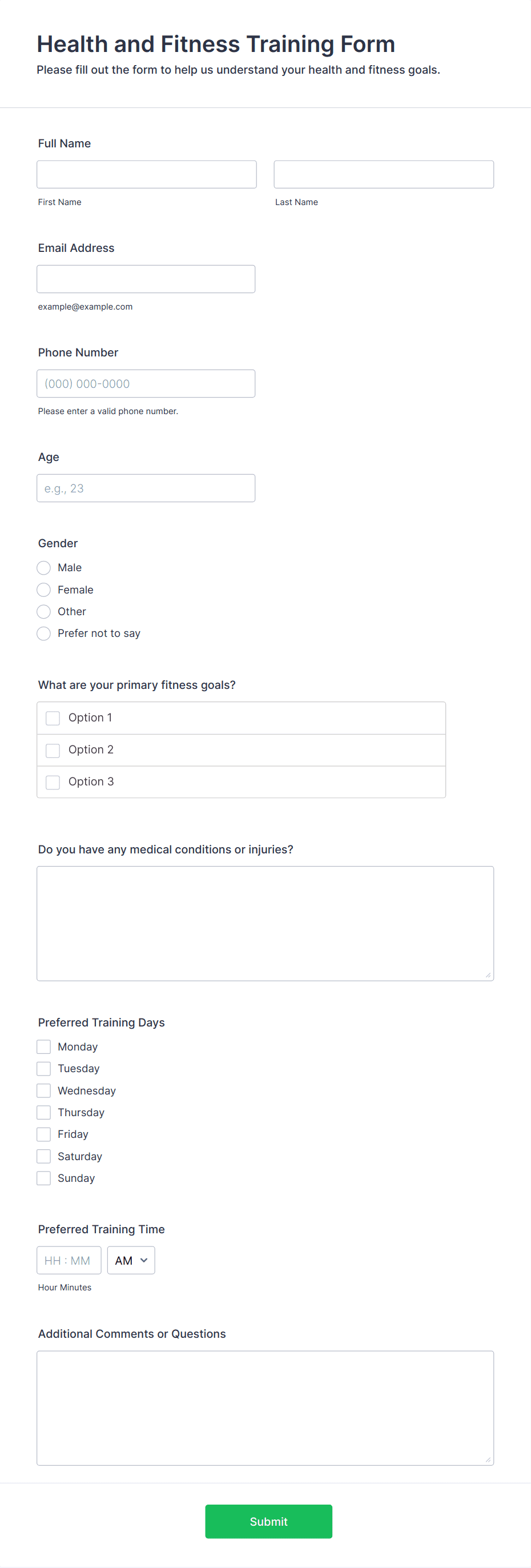 Health and Fitness Training Form Template | Jotform