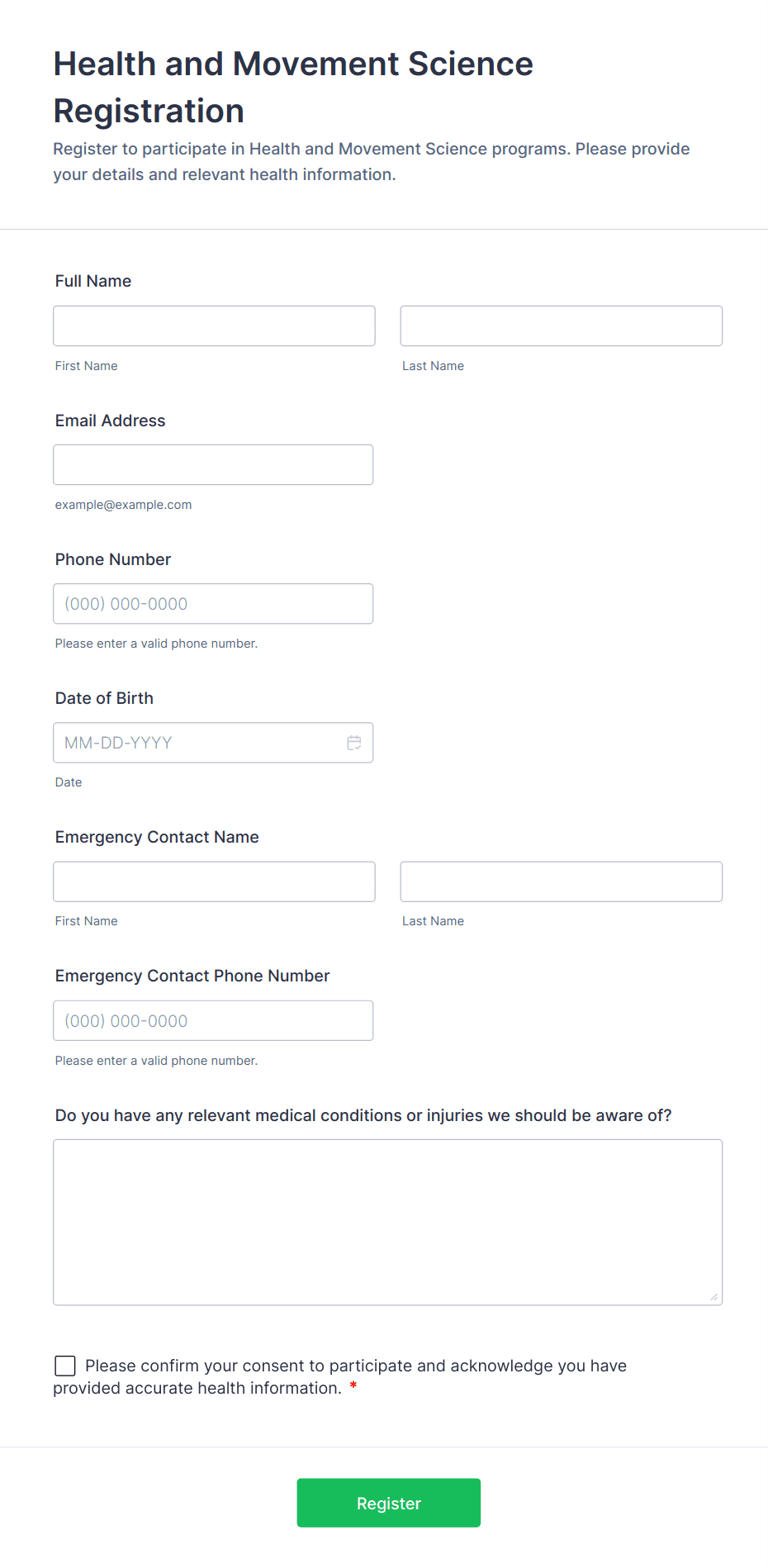 Health and Movement Science Registration Form Template | Jotform